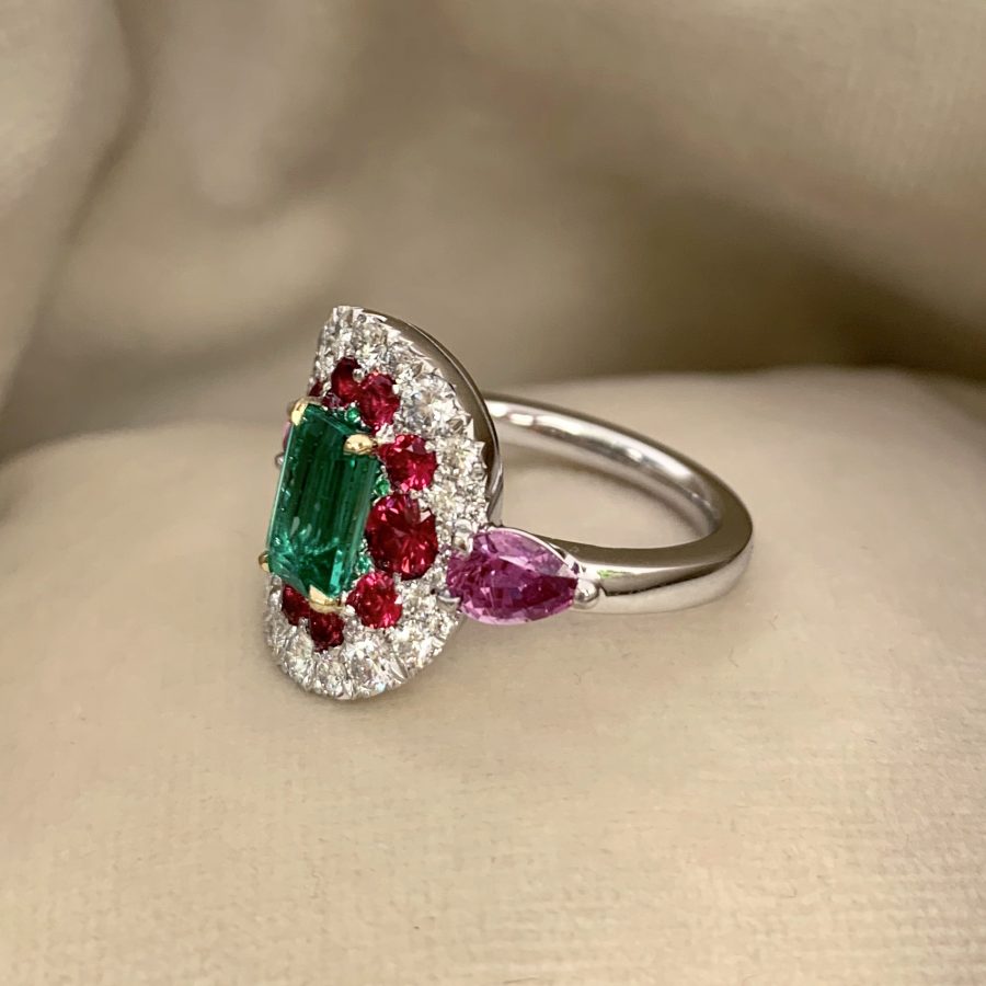 1.10 Carat Unoiled Emerald, Unheated Red Spinel and Pink Sapphire Ring ...