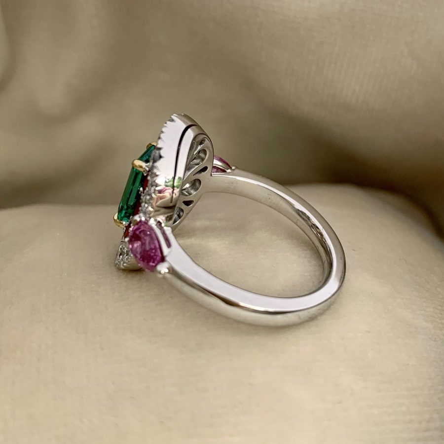 1.10 Carat Unoiled Emerald, Unheated Red Spinel and Pink Sapphire Ring ...