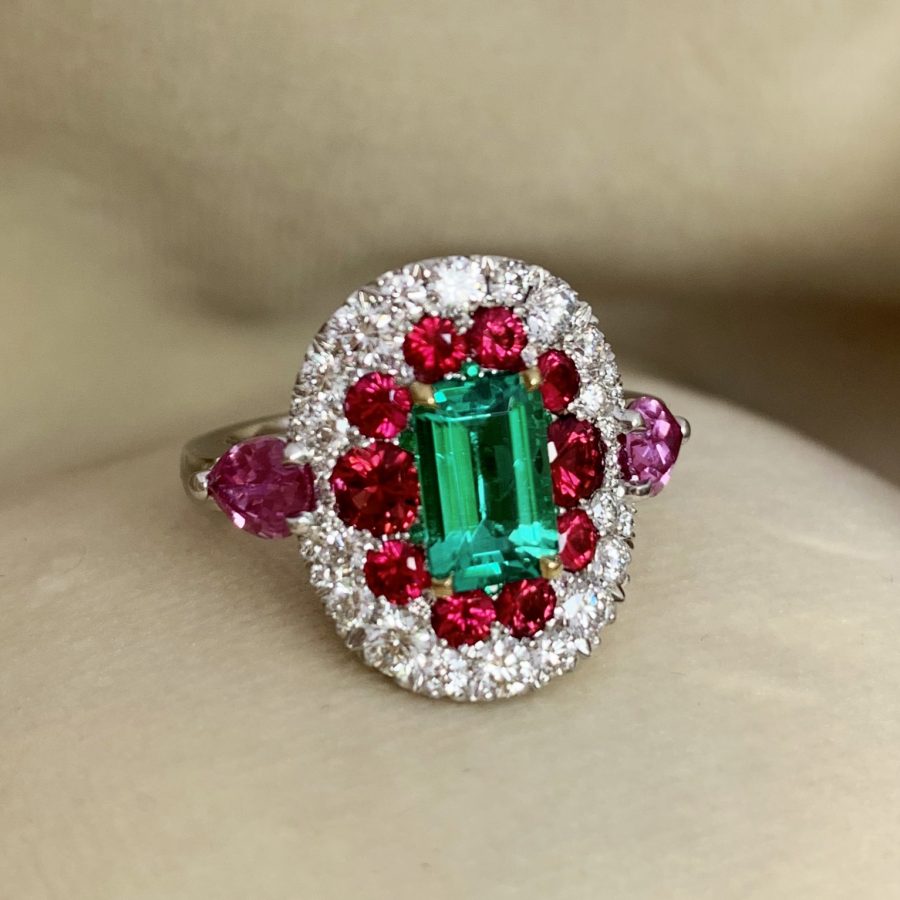 1.10 Carat Unoiled Emerald, Unheated Red Spinel and Pink Sapphire Ring ...