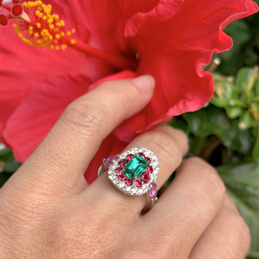 1.10 Carat Unoiled Emerald, Unheated Red Spinel and Pink Sapphire Ring ...